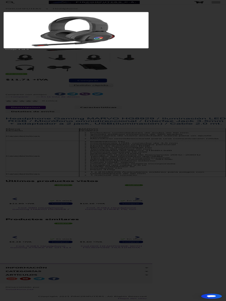 Cod. 081 Headphone Gaming MARVO HG8929 Iluminación LED RGB Micrófono ...