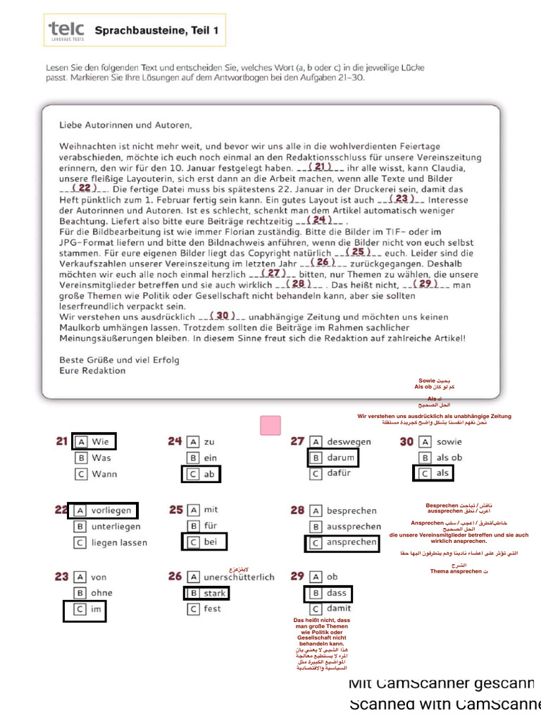 Sprachbausteine Teil 1 B2 TELC With Arabic | PDF