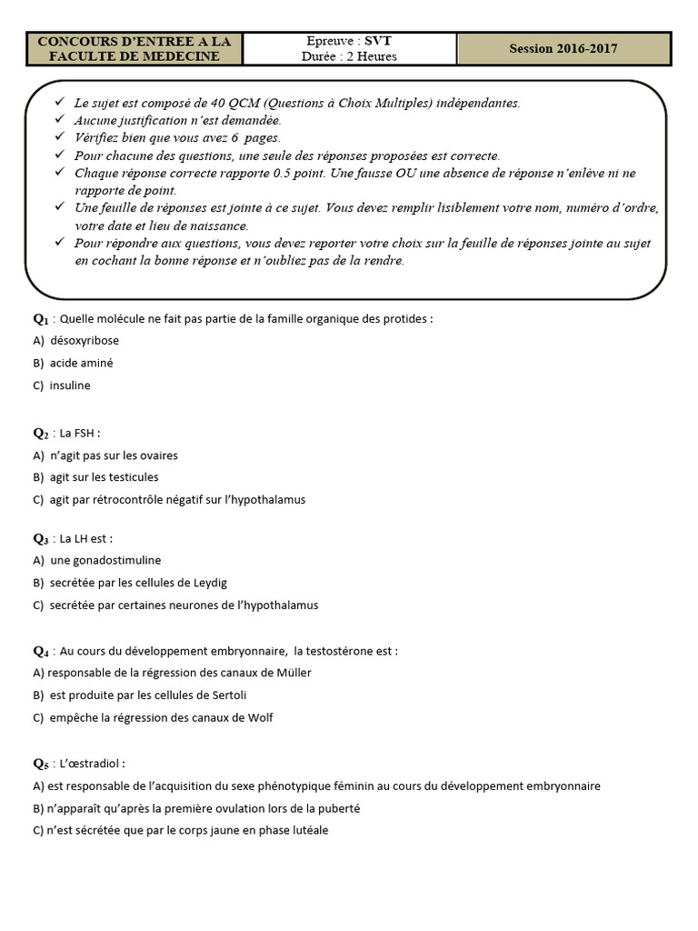 QCM Du Concours de Medecine | PDF