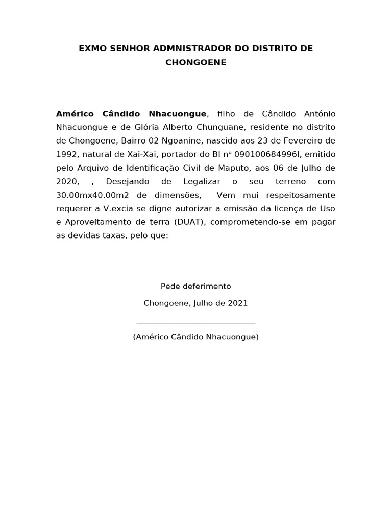 Exmo Senhor Admnistrador de Chongoene | PDF