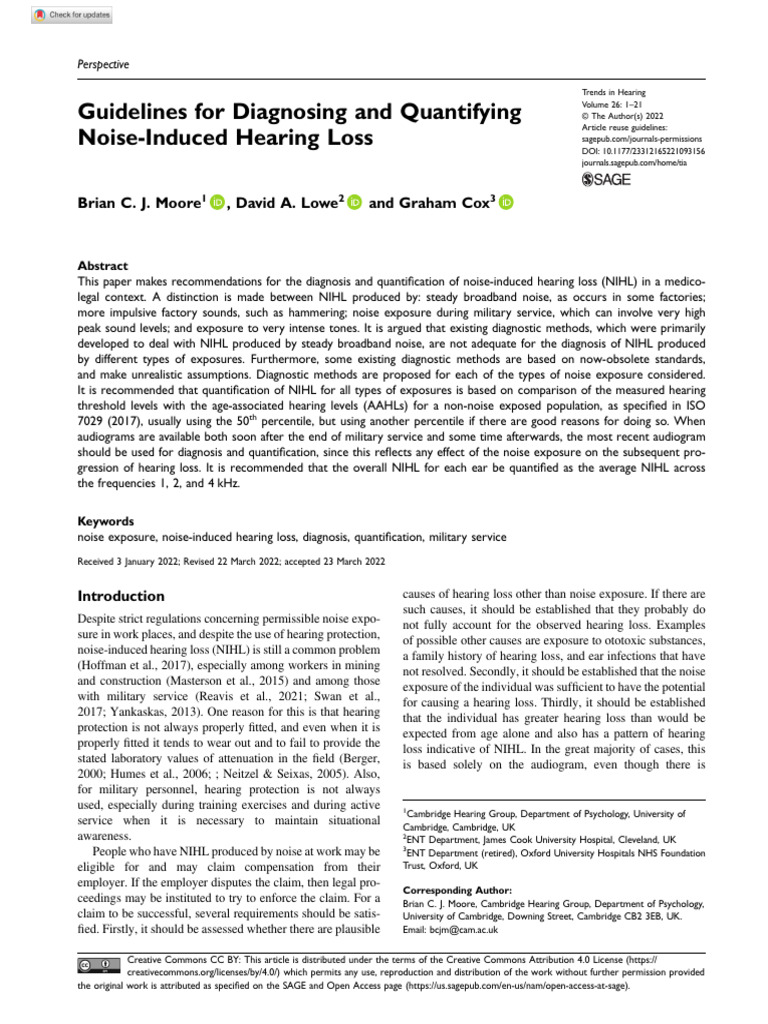 Moore Et Al 2022 Guidelines for Diagnosing and Quantifying Noise Induced Hearing Loss | PDF