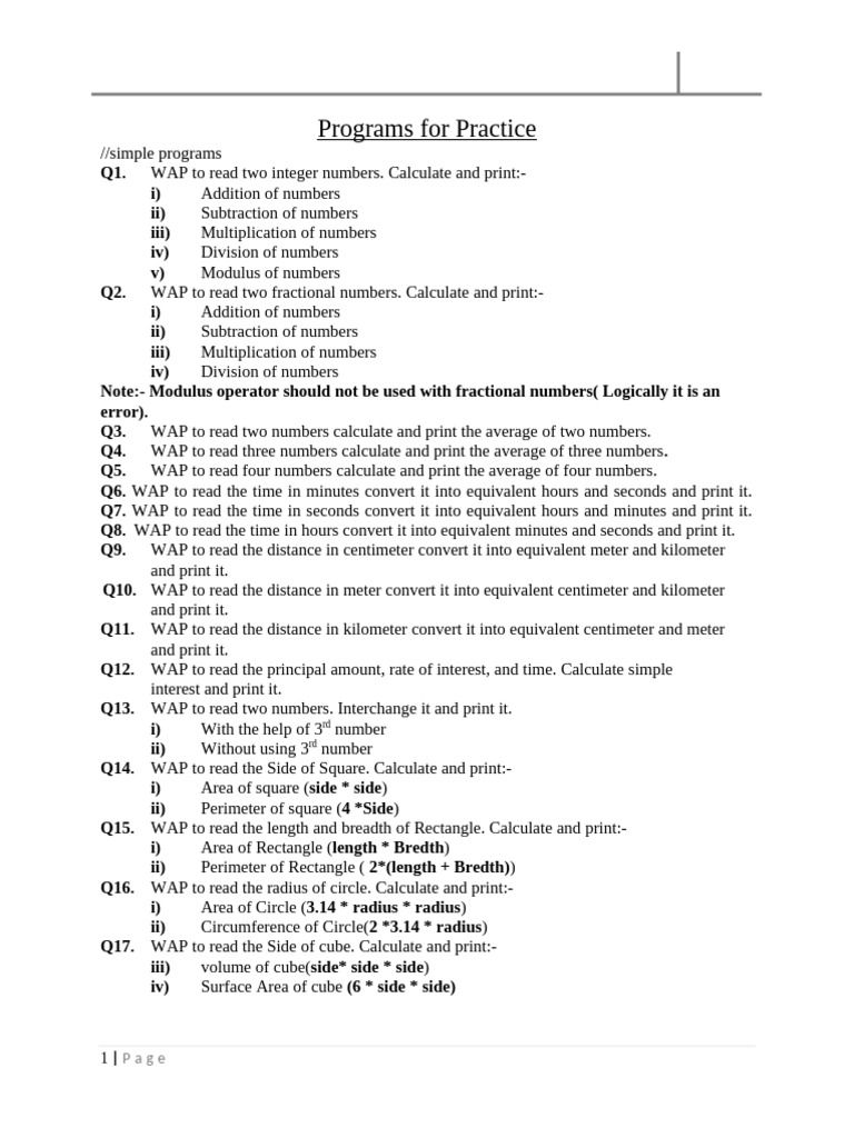 Simple Programs Sheet | PDF