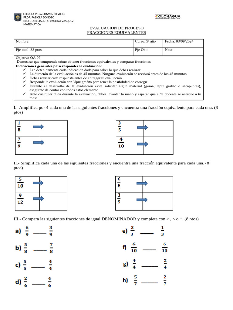 Prueba Fracciones Equivalentes | PDF
