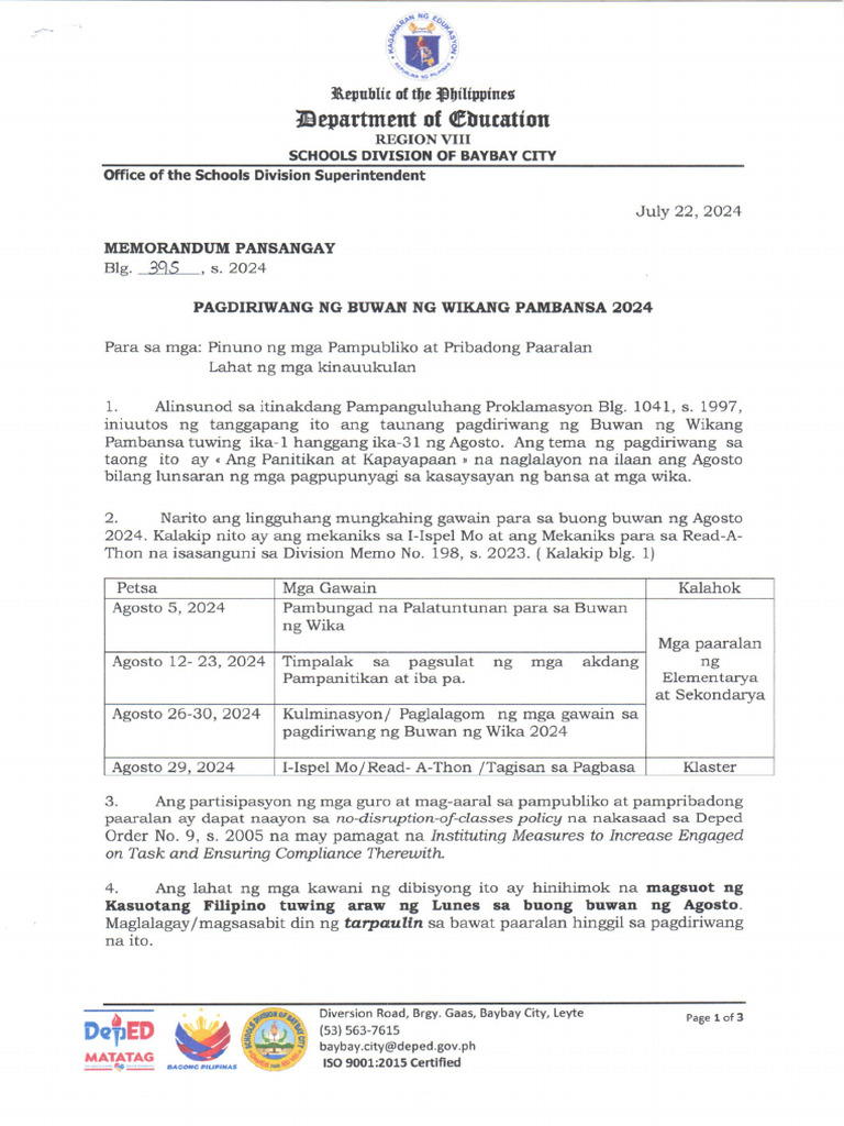DM No 395 S. 2024 Pagdiriwang NG Buwan NG Wikang Pambansa 2024 | PDF