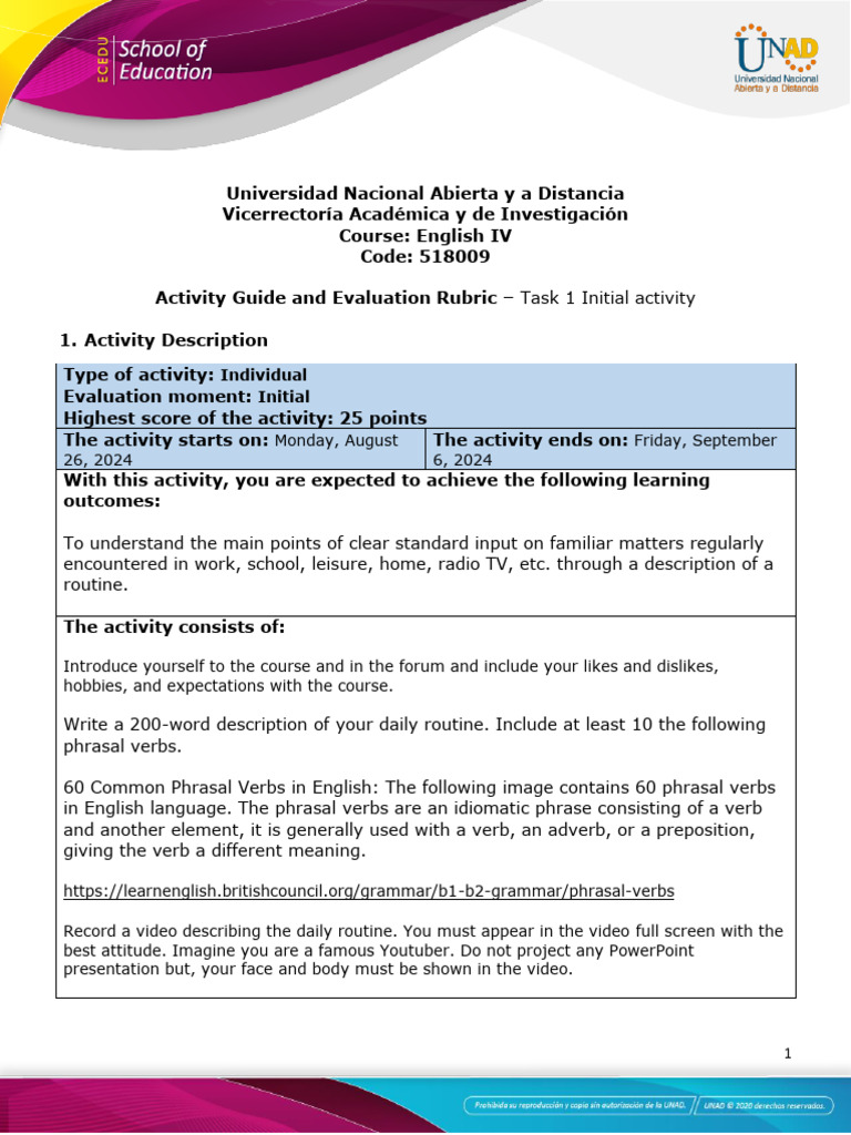 Activity Guide and Evaluation Rubric - Unit 1 - Task 1 - Initial activity | PDF