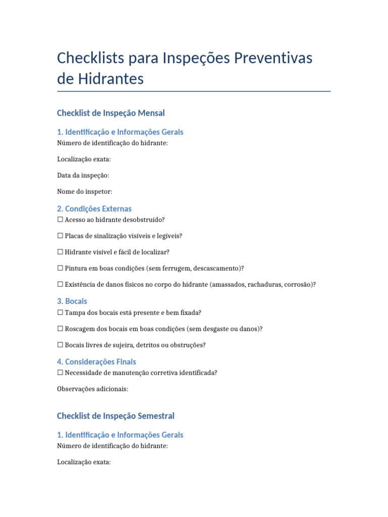 Checklist Inspecoes Hidrantes | PDF
