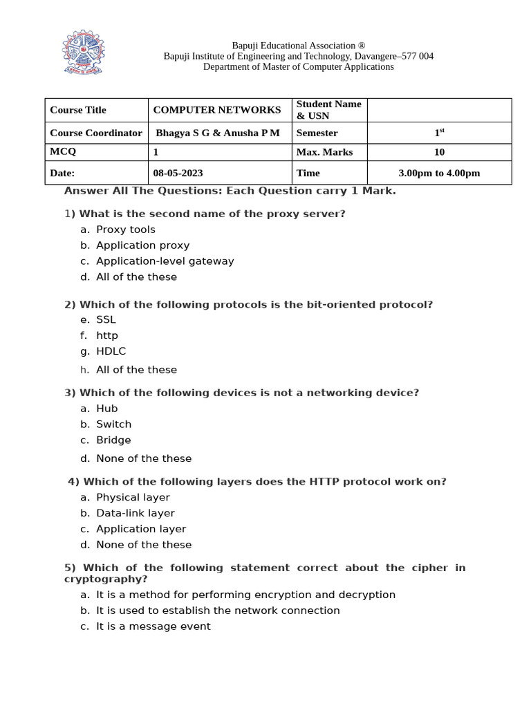 CN - MCQ - 1 - Sem - QP | PDF