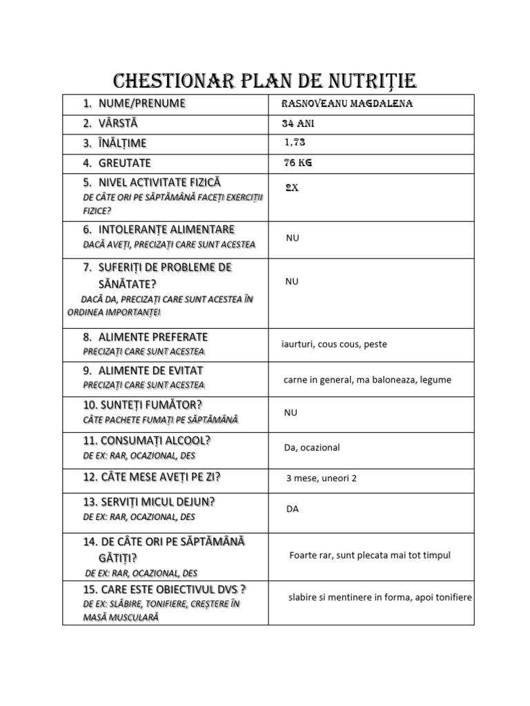 Chestionar Plan de Nutriție | PDF
