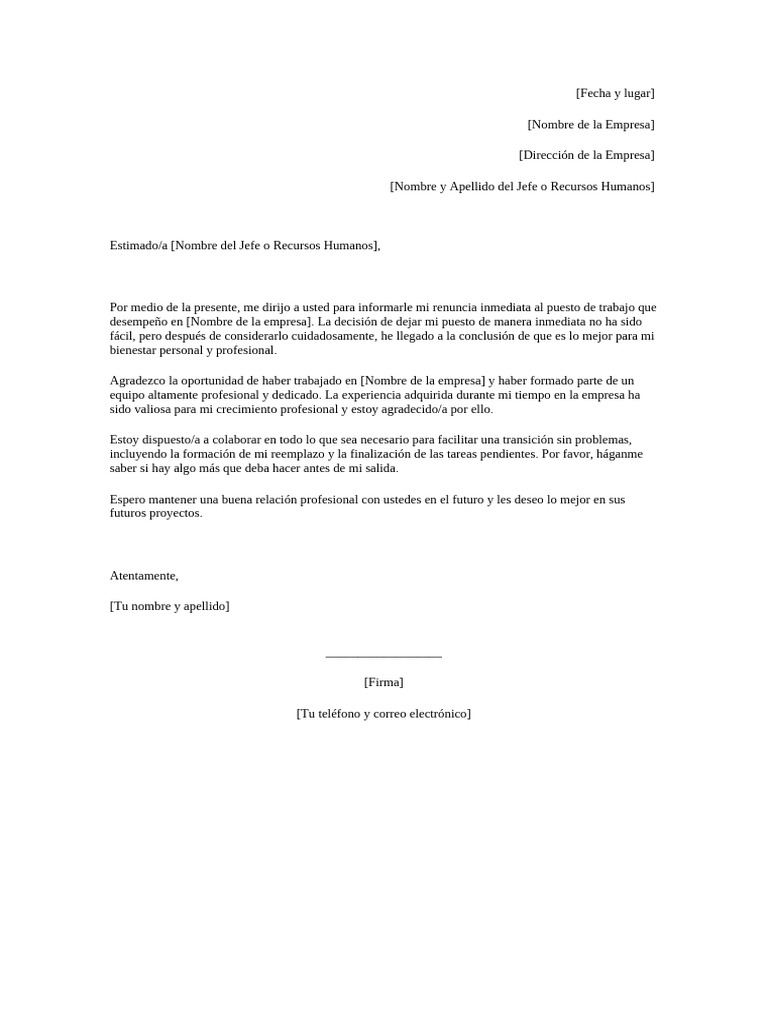 09 Carta de Renuncia INMEDIATA Simple Word | PDF