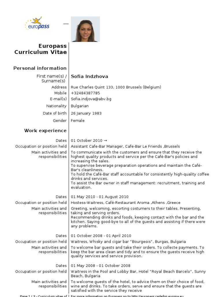 Europass CV 111209 Indzhova | PDF | Bar | Waiting Staff