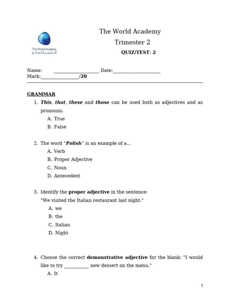 English Trimester 2 - Quiz 2 | PDF | Adjective | Language Arts & Discipline