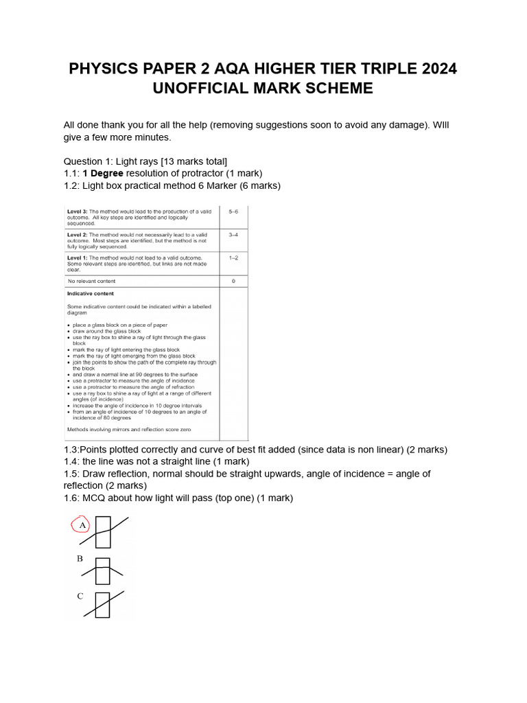 Physics AQA Paper 2 GCSE 2024 Unofficial Markscheme | PDF
