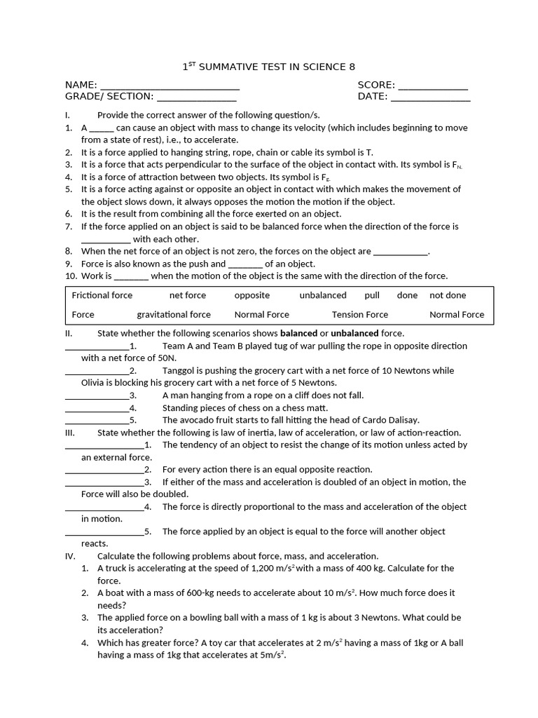 Science 8 Summative Test on Forces | PDF | Force | Tension (Physics)