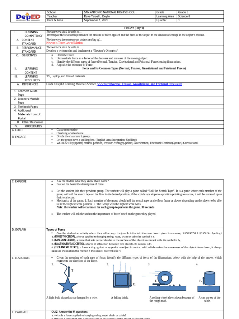 DLP Grade 8 Force and Motion Day 1 | PDF