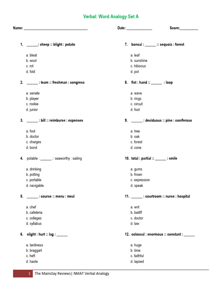 Word Analogy Set A | PDF