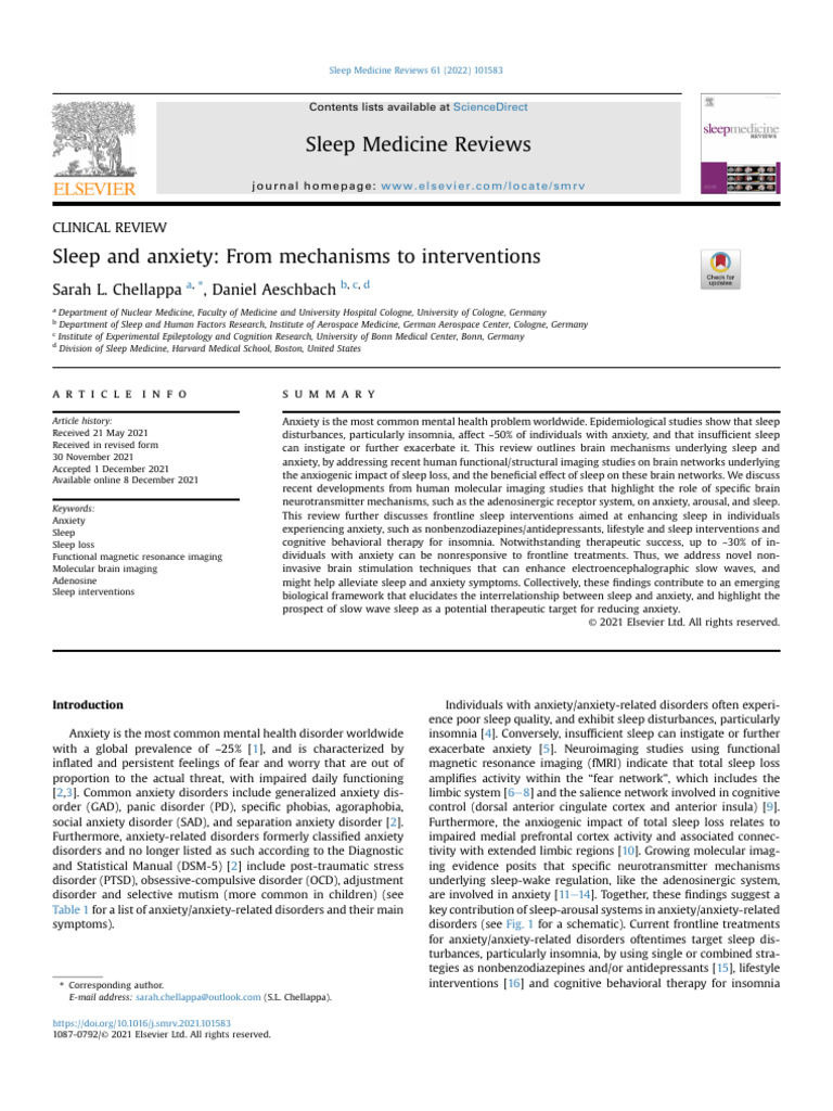 Sleep and Anxiety - From Mechanisms To Interventions 2022 | PDF