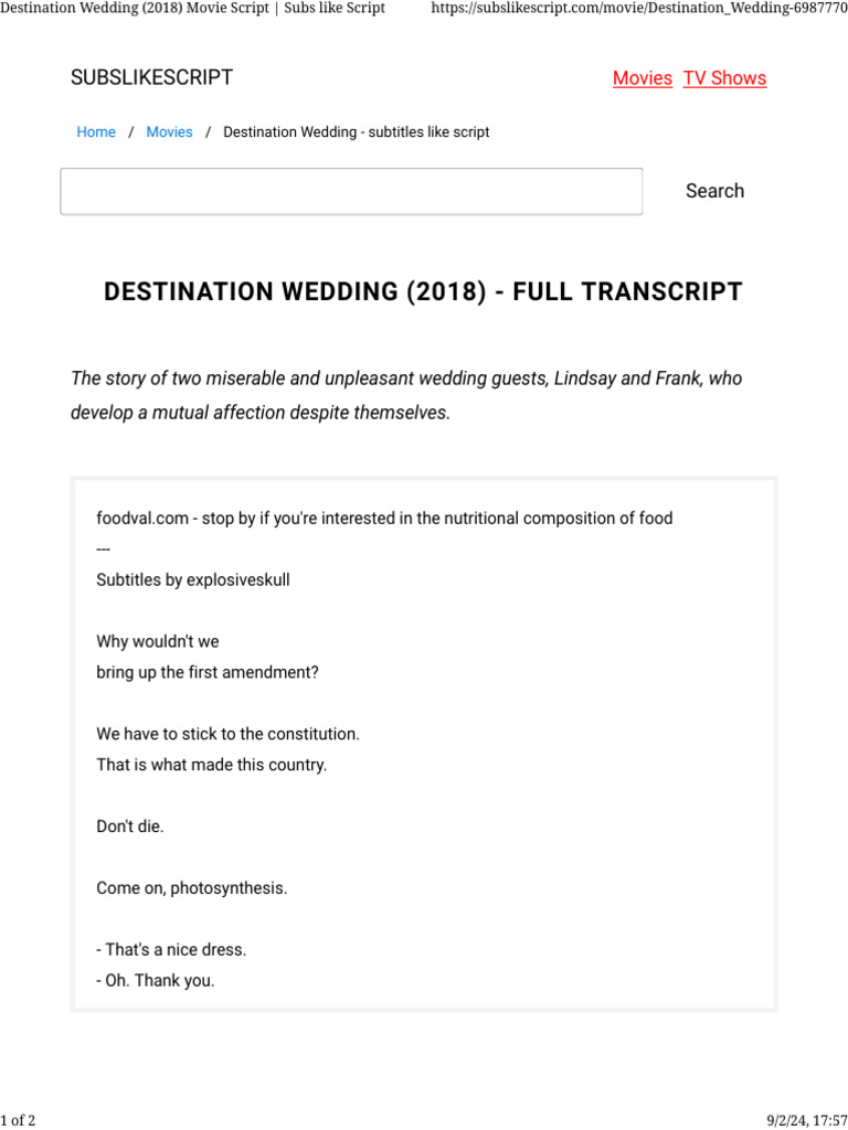 Destination Wedding (2018) Movie Script - Subs Like Script | PDF