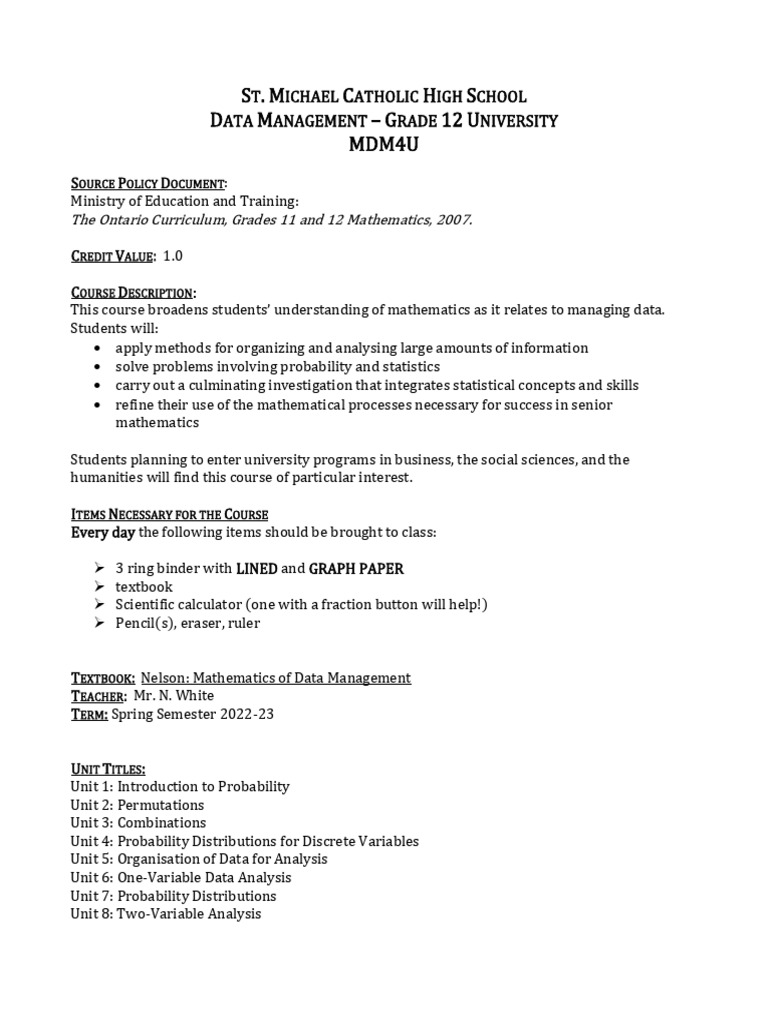 Mdm4u Course Outline 2022-23 | PDF