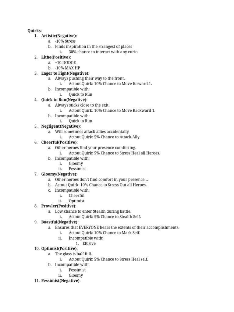 Quirk Pack Quirks List | PDF