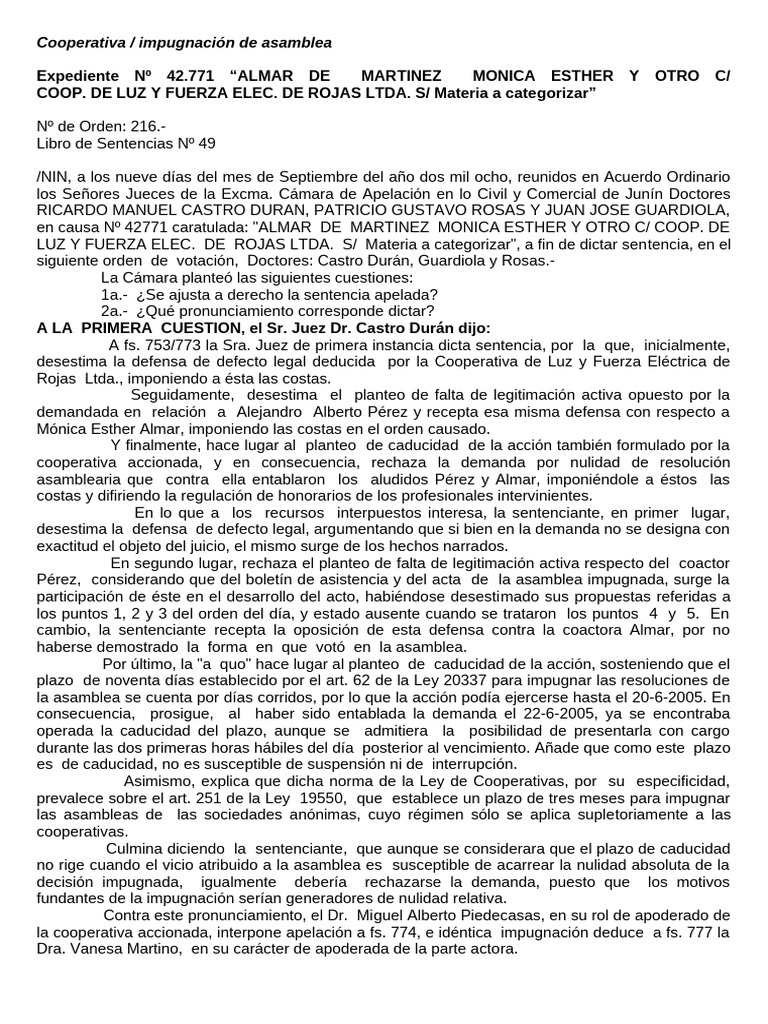 Expediente #42.771 "Almar de Martinez Monica Esther Y Otro C/ COOP. DE LUZ Y FUERZA ELEC. DE ...