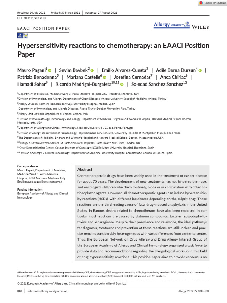 Hypersensitivity Reactions To Chemotherapy - An EAACI Position Paper | PDF