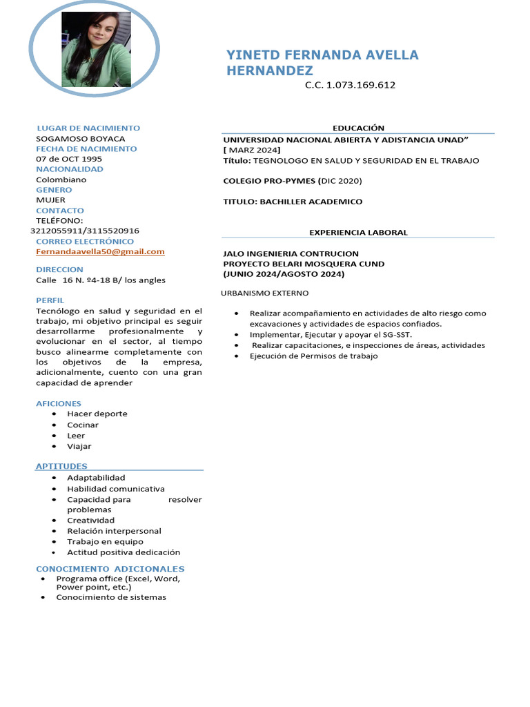 Hoja de Vida Fernanda Avella SST | PDF
