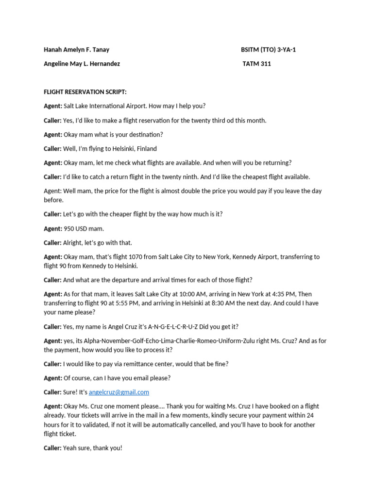 Hotel Flight Reservation Script Final | PDF