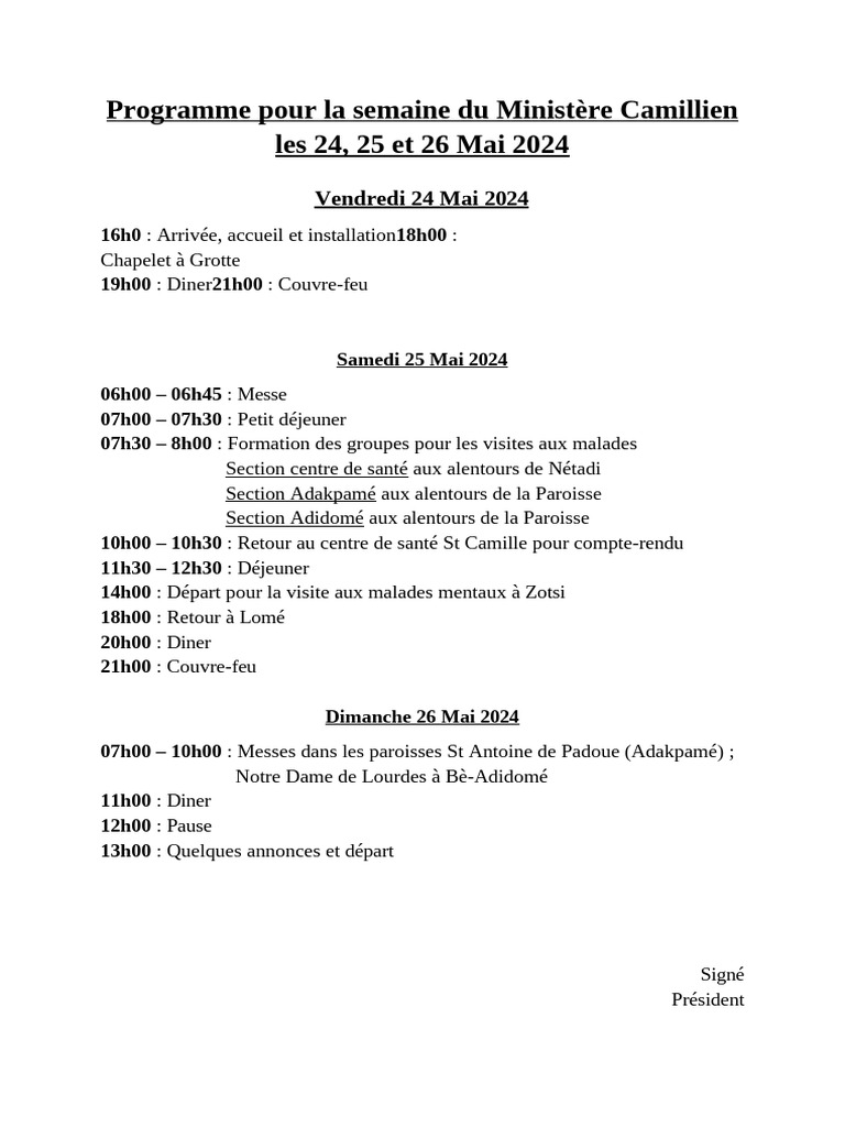 Programme du Ministère Camillien 2024 | PDF | Bien-être