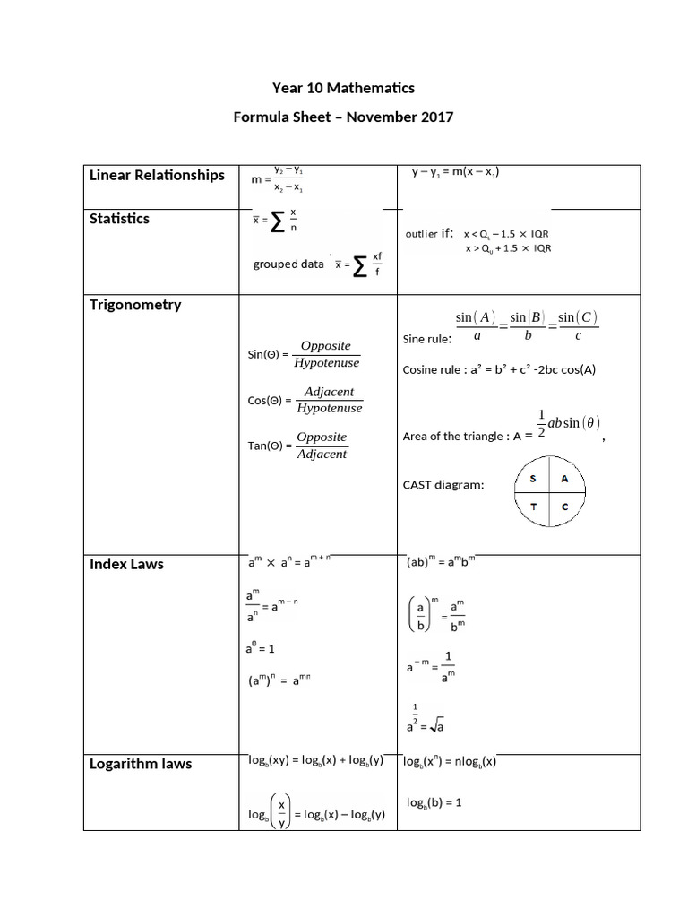 Formula Sheet Semester 2 Year 10 Mathematics | PDF