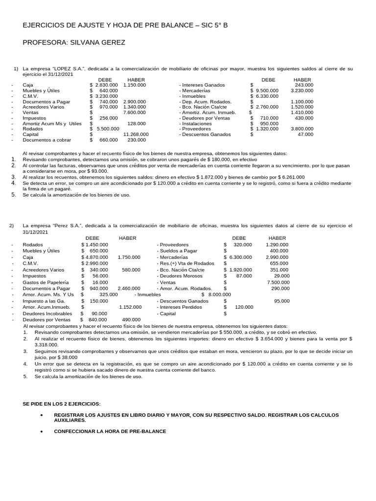 Ejercicios de Ajuste y Hoja de Pre Balance | PDF