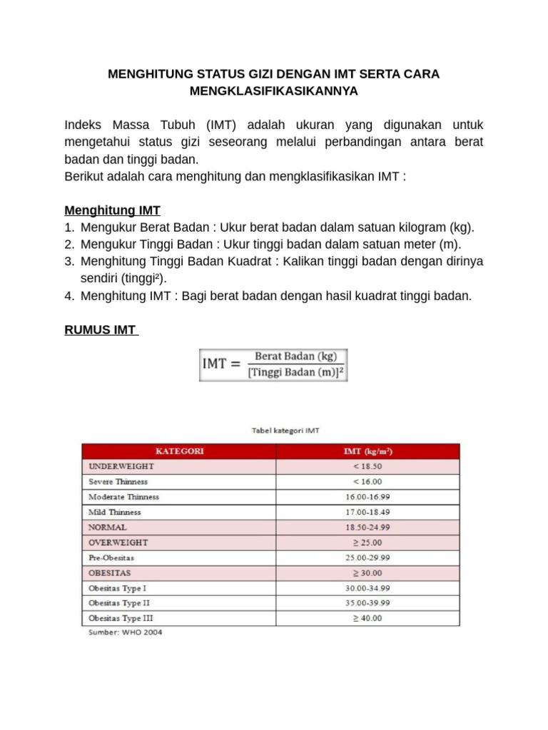 Menghitung Status Gizi Dengan Imt Serta Cara Mengklasifikasikannya | PDF