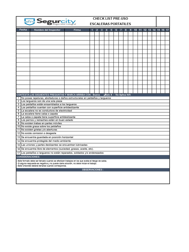 Checklist Preuso Escaleras Portatiles - Contratista | PDF