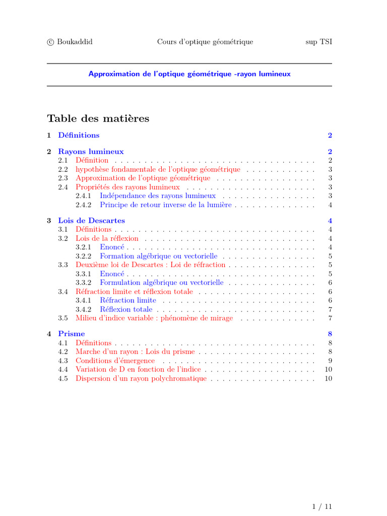 Table Des Mati' Eres: Approximation de L'optique G Eom Etrique - Rayon Lumineux | PDF