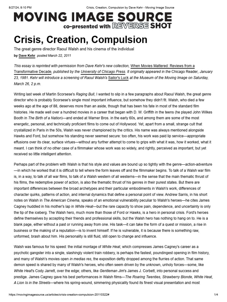 Crisis, Creation, Compulsion by Dave Kehr - Moving Image Source | PDF