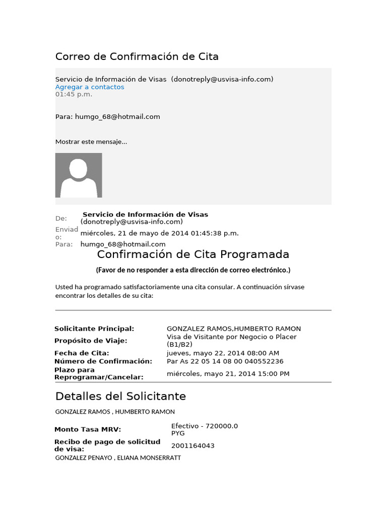 Confirmación de Cita para Visa Americana | PDF | Visa de viaje