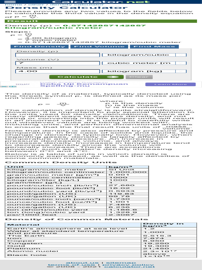 Density Calculator | PDF | Density | Pound (Mass)