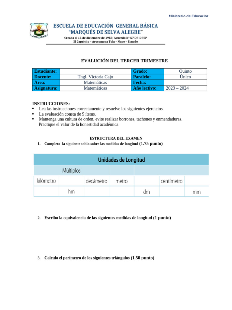 Examen Tercer Trimestre Matematica | PDF