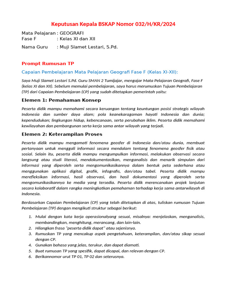 Contoh Prompt Analisis CP-TP-ATP Geografi Fase F | PDF