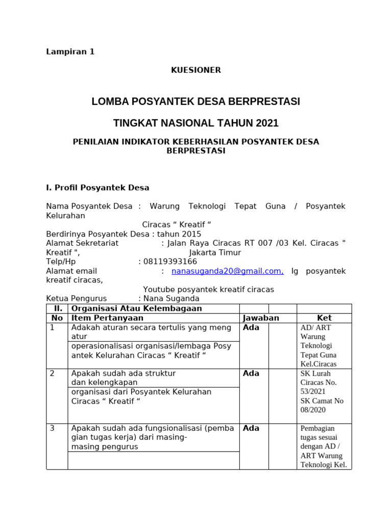 Contoh - Daftar Isian Kuesioner Posyantek | PDF