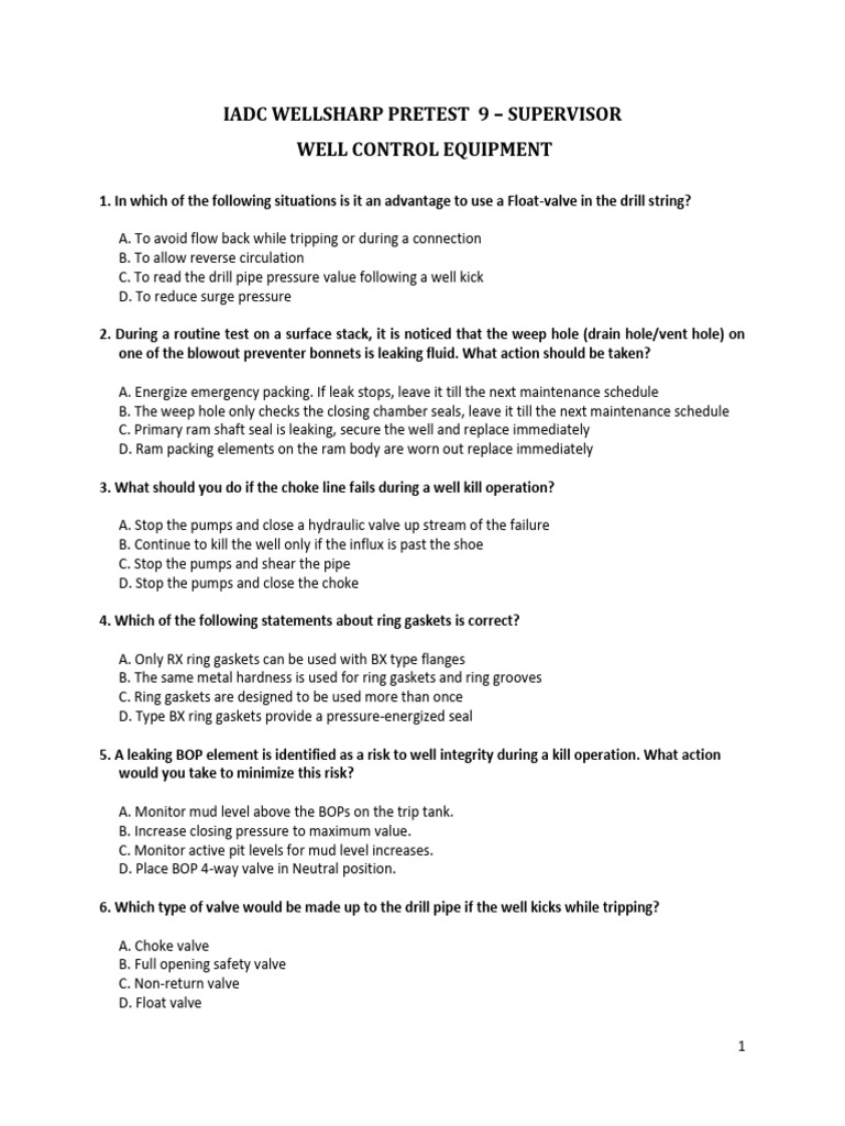 Wellsharp Pretest 9 - Supervisor - Well Control Equipment | PDF