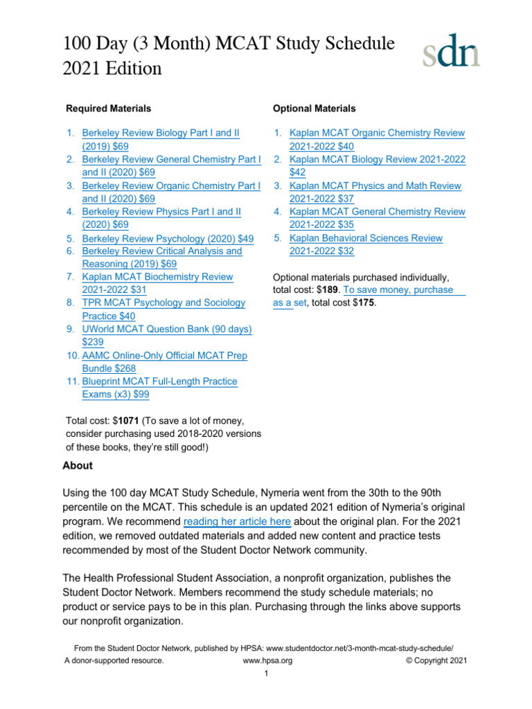 100 Day MCAT Schedule 2021 Edition | PDF