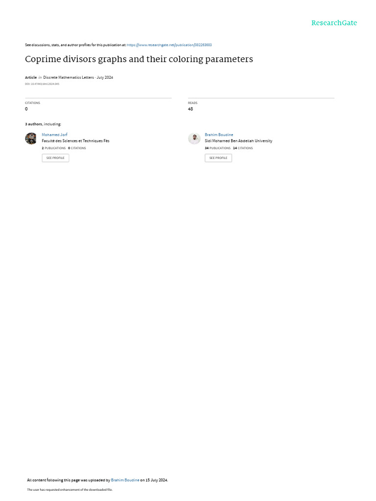 Coprime Divisor Graphs and Their Coloring Parameters, 2024 | PDF