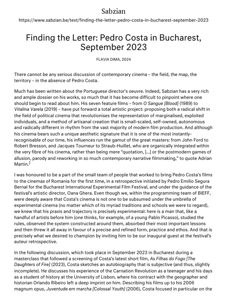 Finding The Letter - Pedro Costa in Bucharest, September 2023, Flavia ...