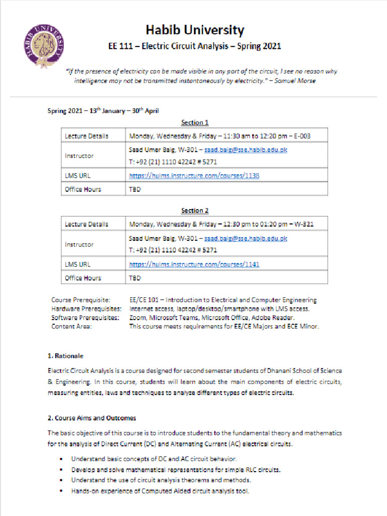 Electric Circuit Analysis Syllabus | PDF