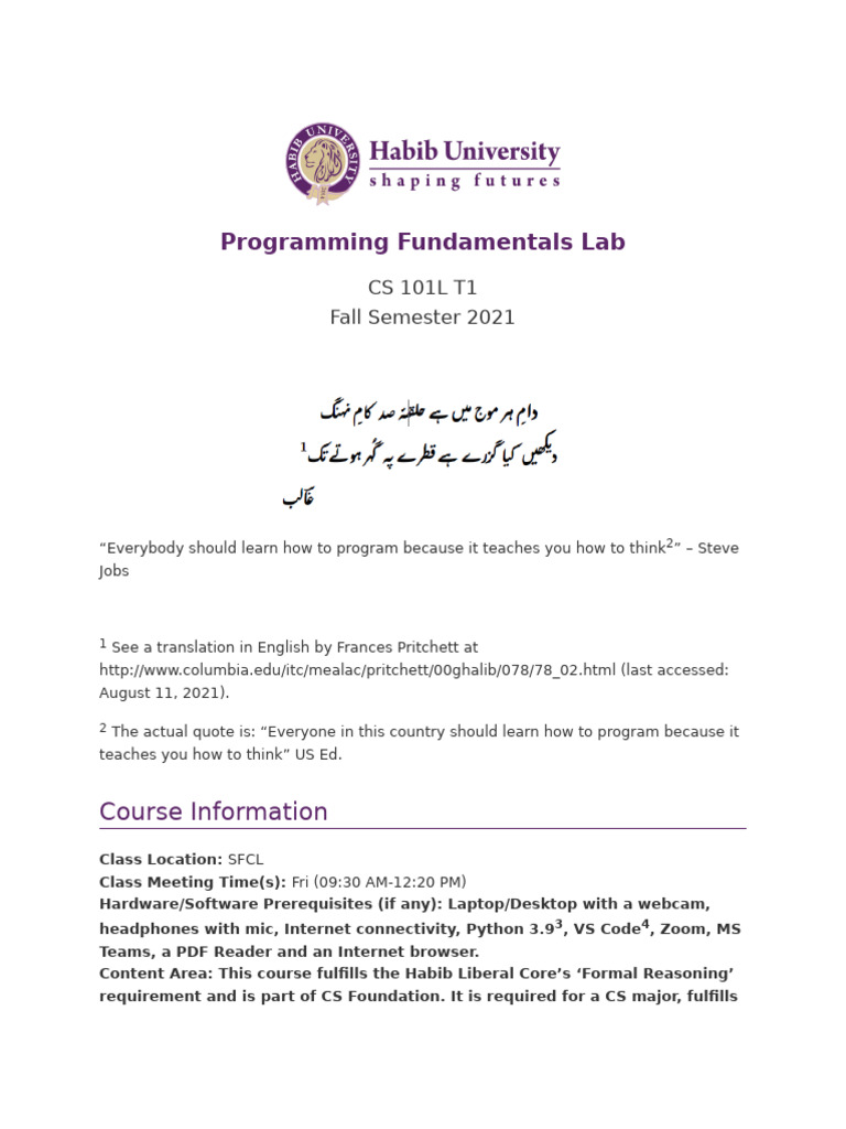 Fall Semester 2021 CS 101L T1 Programming Fundamentals Lab | PDF
