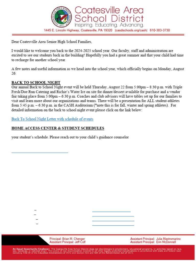 2024 Opening Letter and Info For Families | PDF