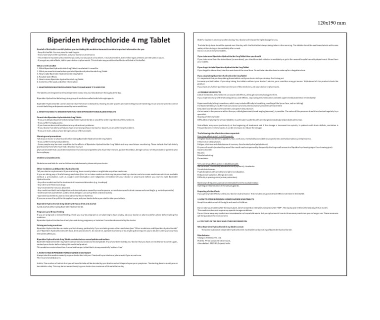 Biperiden Hydrochloride Tablets 4mg Insert | PDF