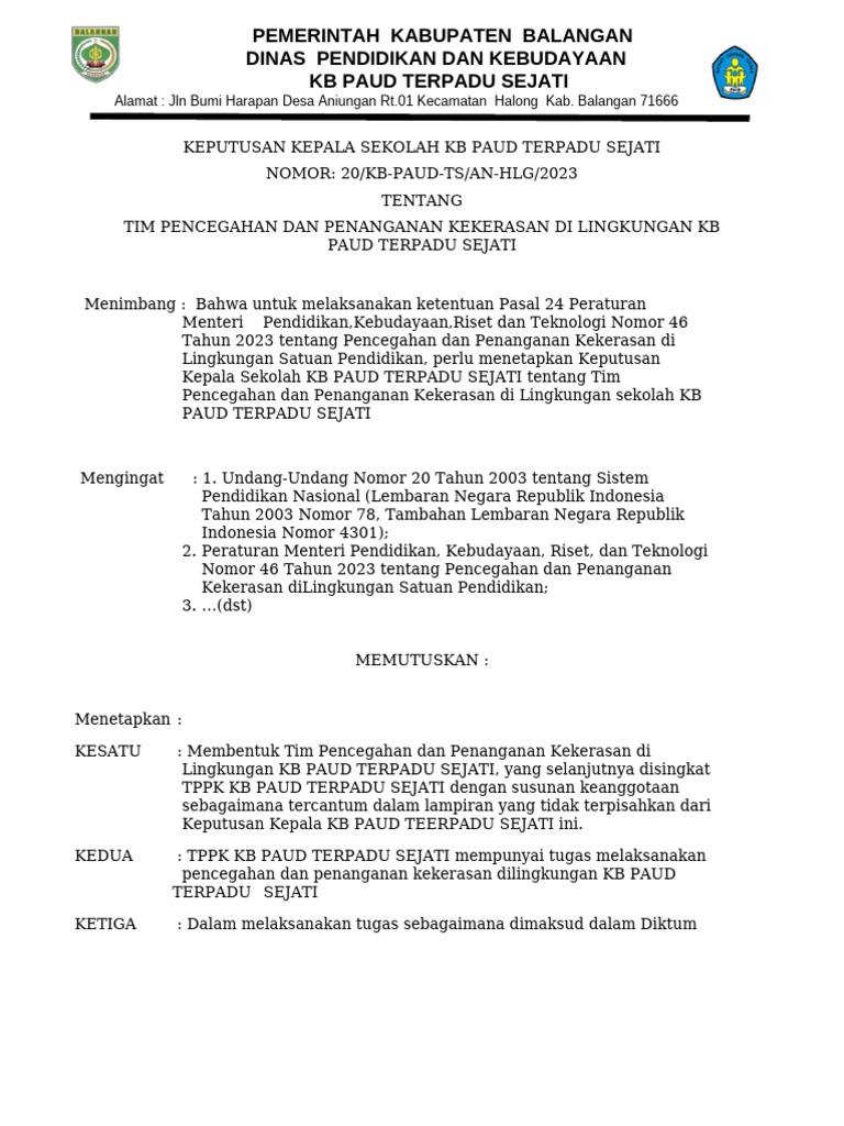 Lampiran 2 - Contoh SK Kepala Satuan Pendidikan Pembentukan TPPK | PDF