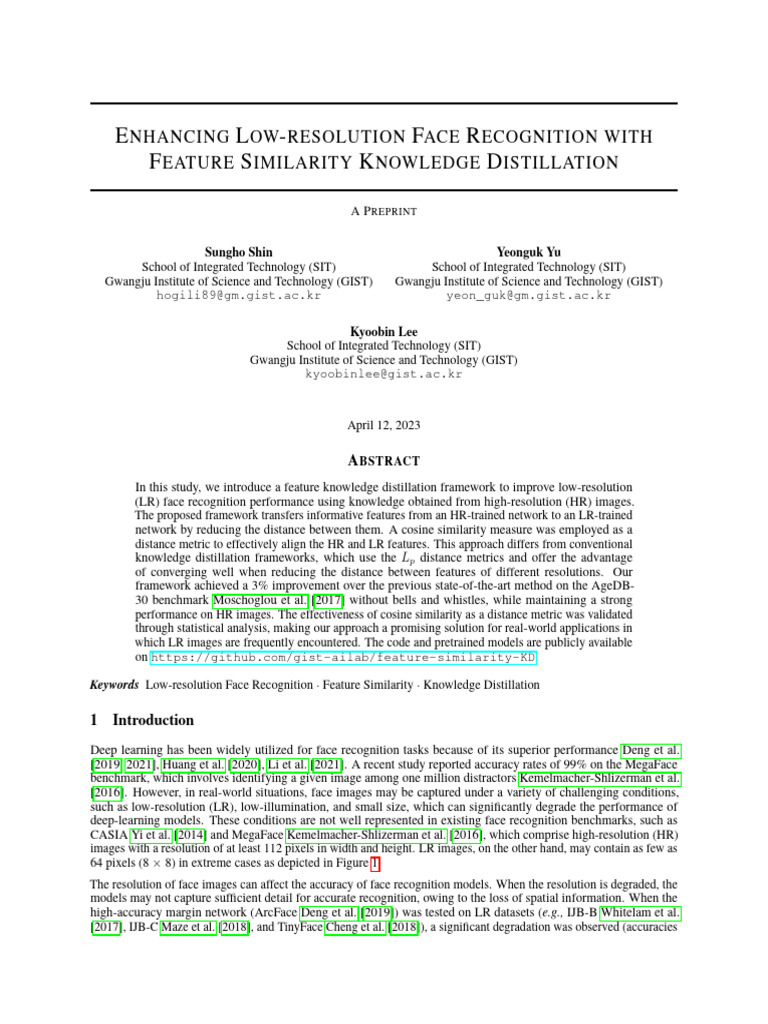 ENHANCING LOW-RESOLUTION FACE RECOGNITION WITH FEATURE SIMILARITY KNOWLEDGE DISTILLATION | PDF
