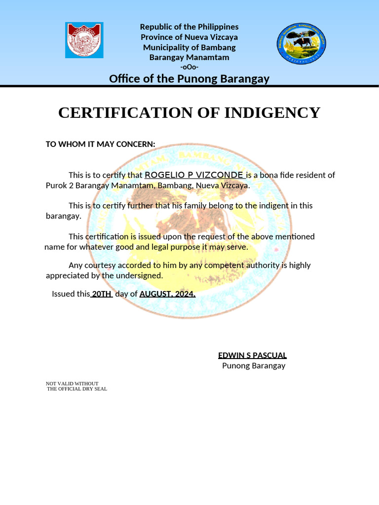 BRGY. INDIGENT CERTIFICATION | PDF